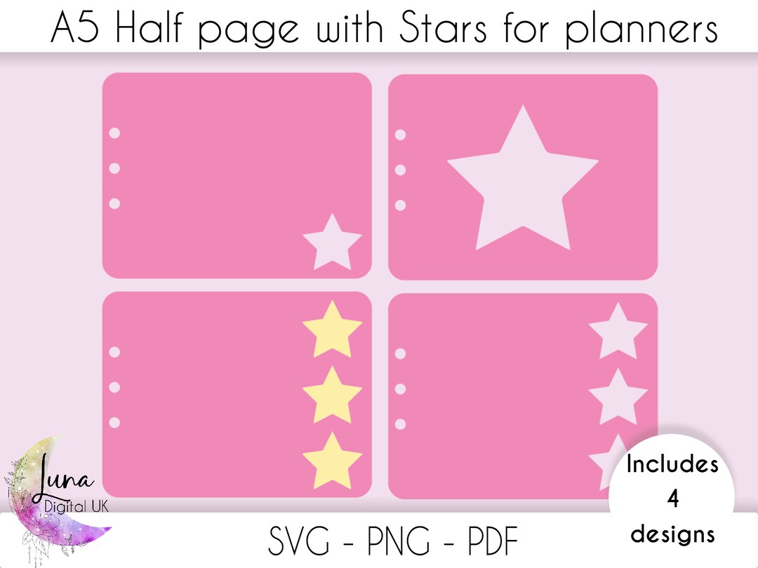 A5 Half Page Planner Pages SVG Cutting Files, Cute Star Planner Pages ...