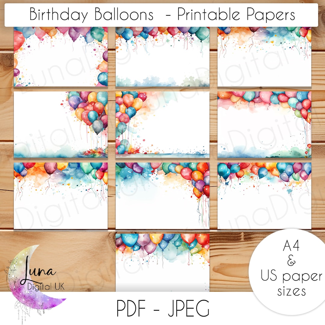 Birthday Balloons Printable Papers, Junk Journal Background Inky ...