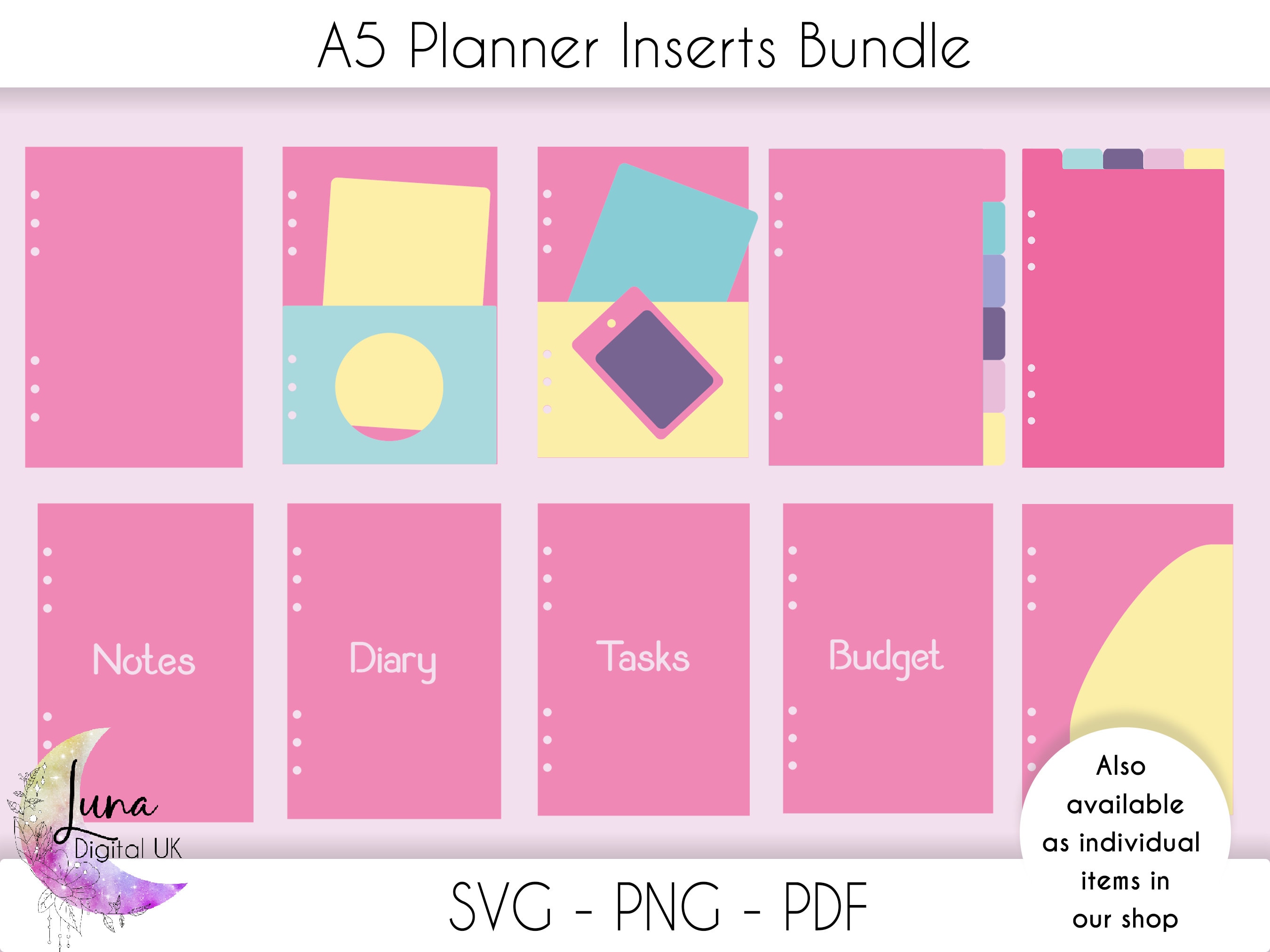A5 Planner SVG Bundle, 10 Designs, Cut File for Cricut, 6 Hole Planner ...
