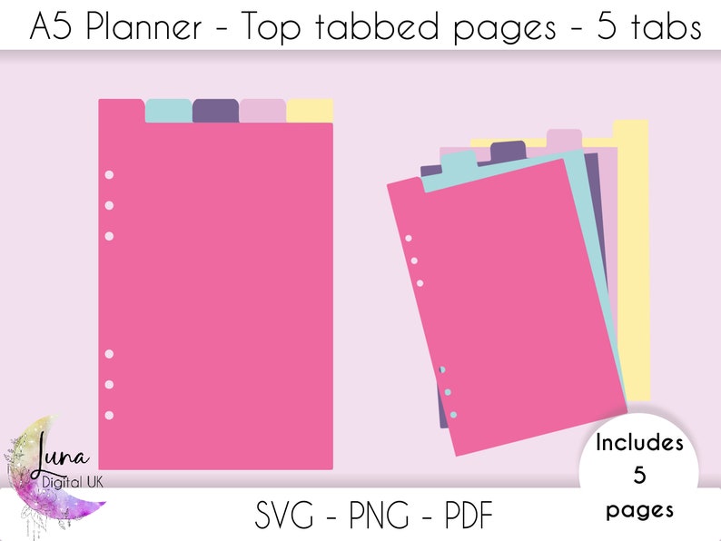 A5 Tabbed Dividers for Planners, A5 Top Tabs 5 Tab Dividers With Holes ...