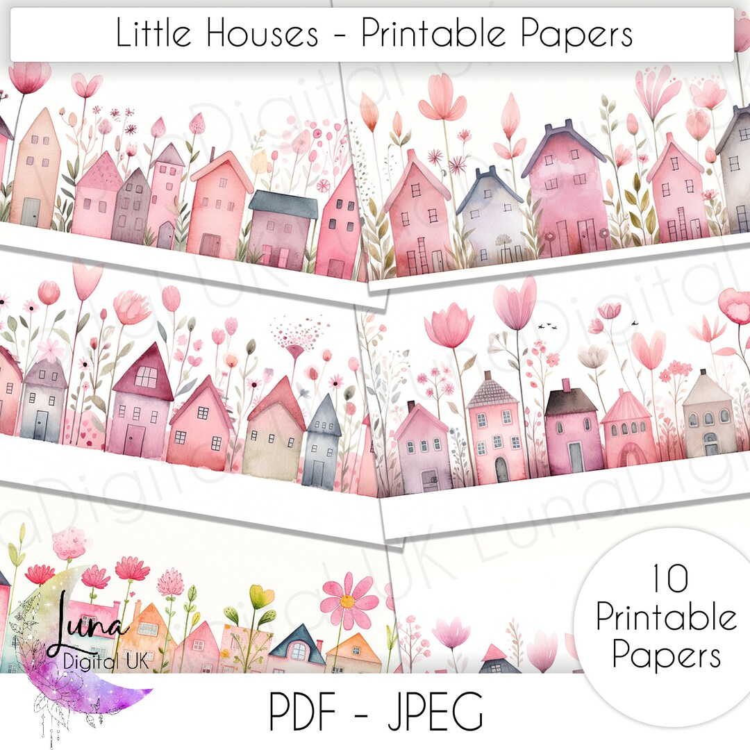 Little Watercolour Houses Printable Papers, Junk Journal Background ...