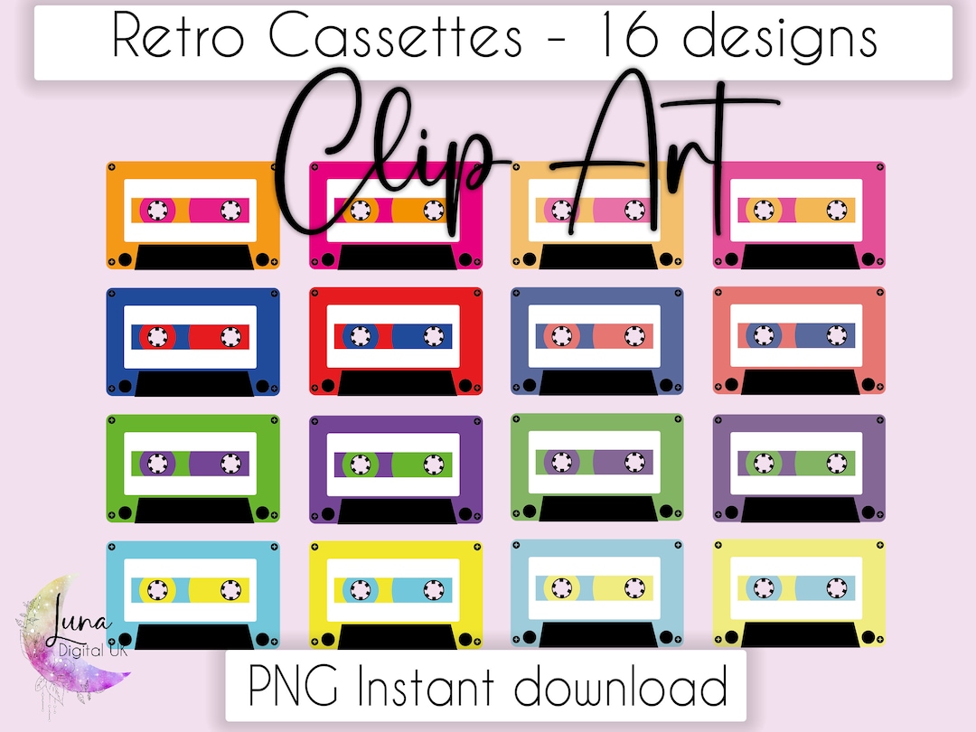 16 Retro Cassette Clip Art PNG, Vintage Cassette Clipart Digital ...