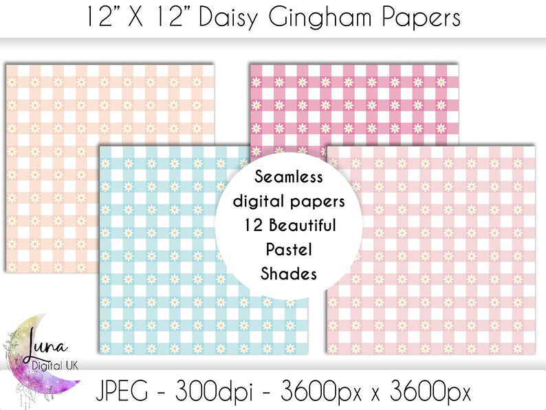 Daisy Gingham Pastels Scrapbook Papers, 12x12 Digital Papers, Pastel ...