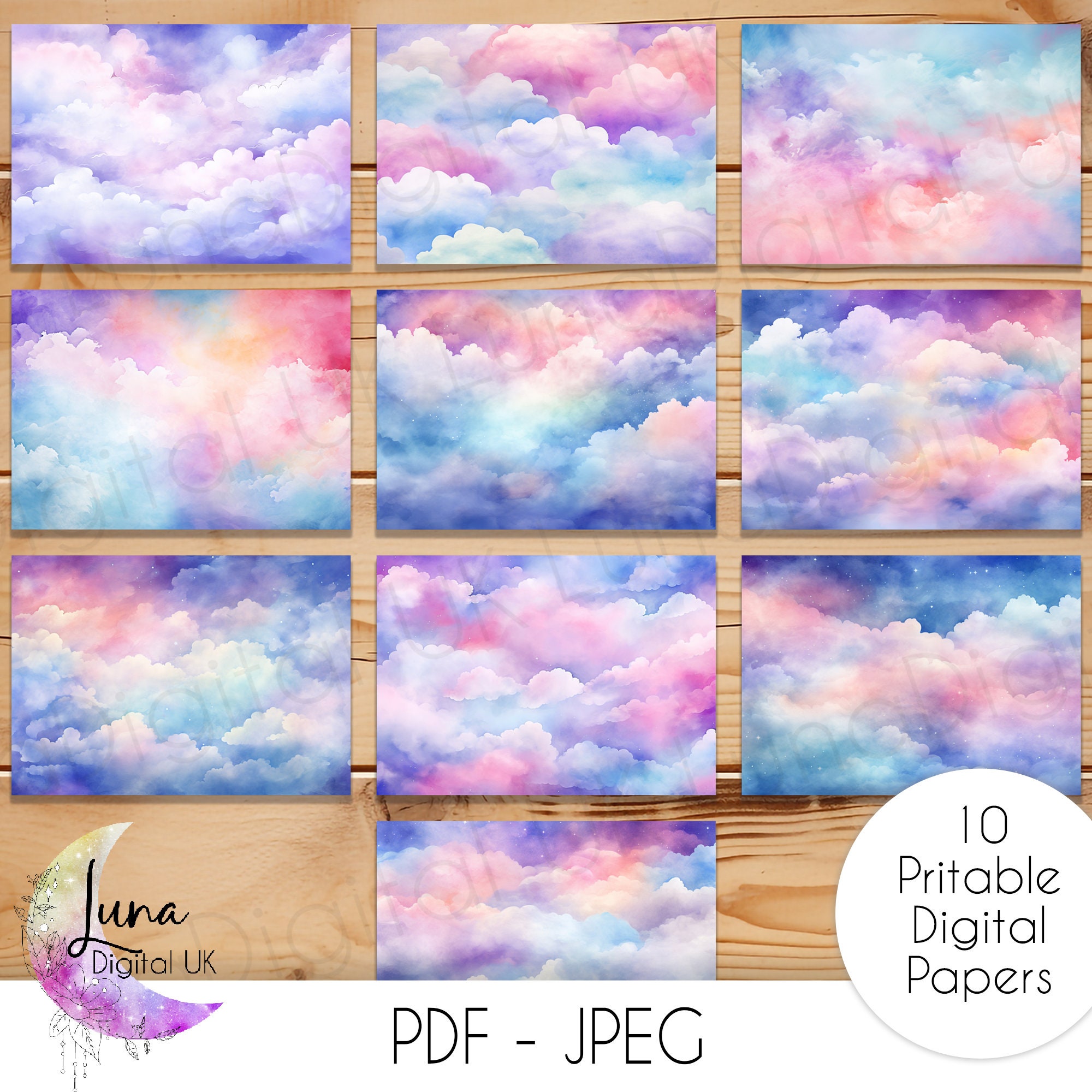 Watercolour Clouds Printable Papers, Junk Journal Background Printable ...