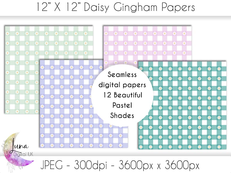 Daisy Gingham Pastels Scrapbook Papers, 12x12 Digital Papers, Pastel ...