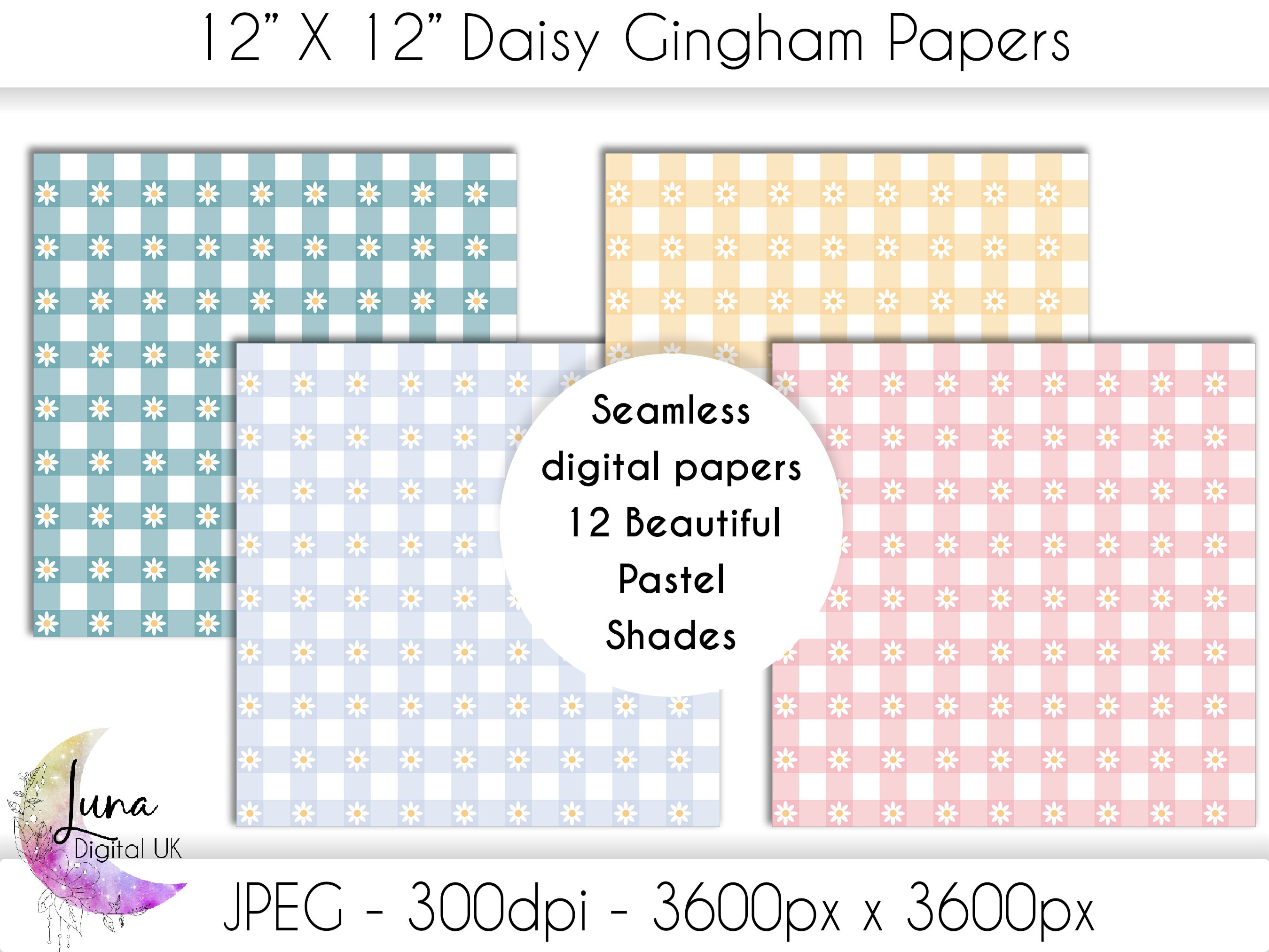 Daisy Gingham Pastels Scrapbook Papers, 12x12 Digital Papers, Pastel ...
