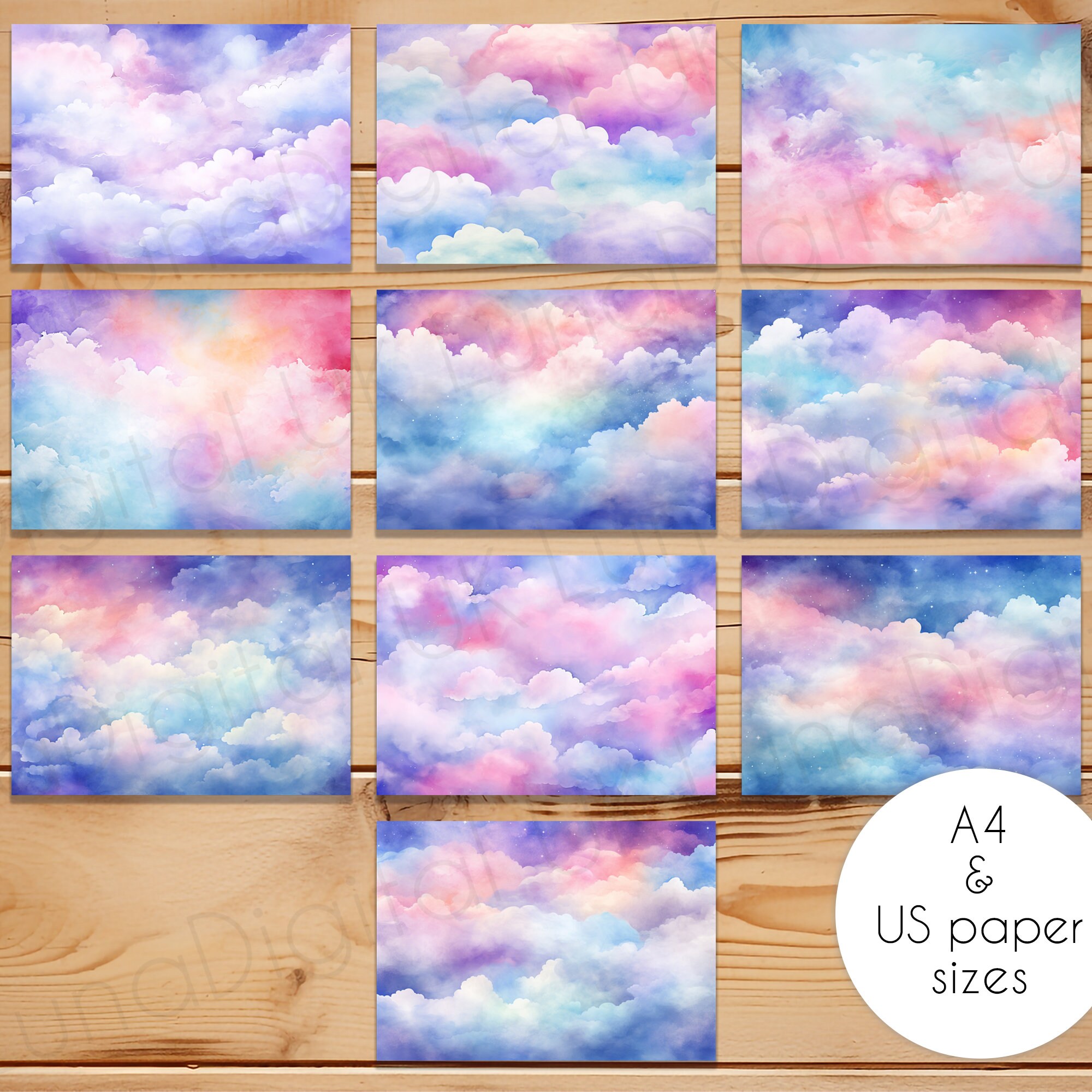 Watercolour Clouds Printable Papers, Junk Journal Background Printable ...