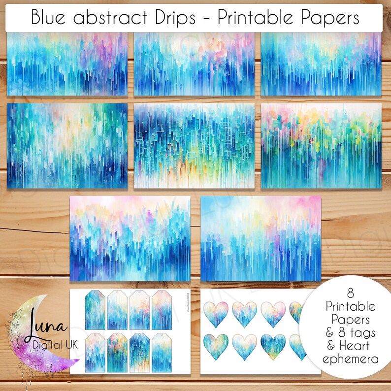 Blue Abstract Drips Printable Papers, Junk Journal Background Printable ...