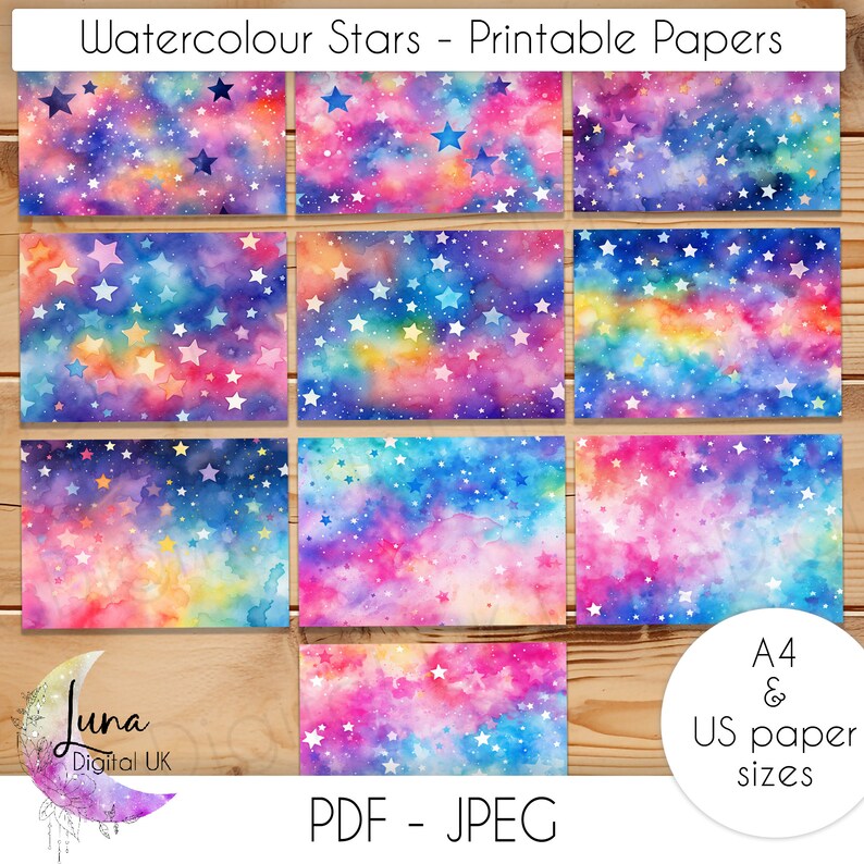 Cute Watercolour Stars Printable Papers, Junk Journal Background ...