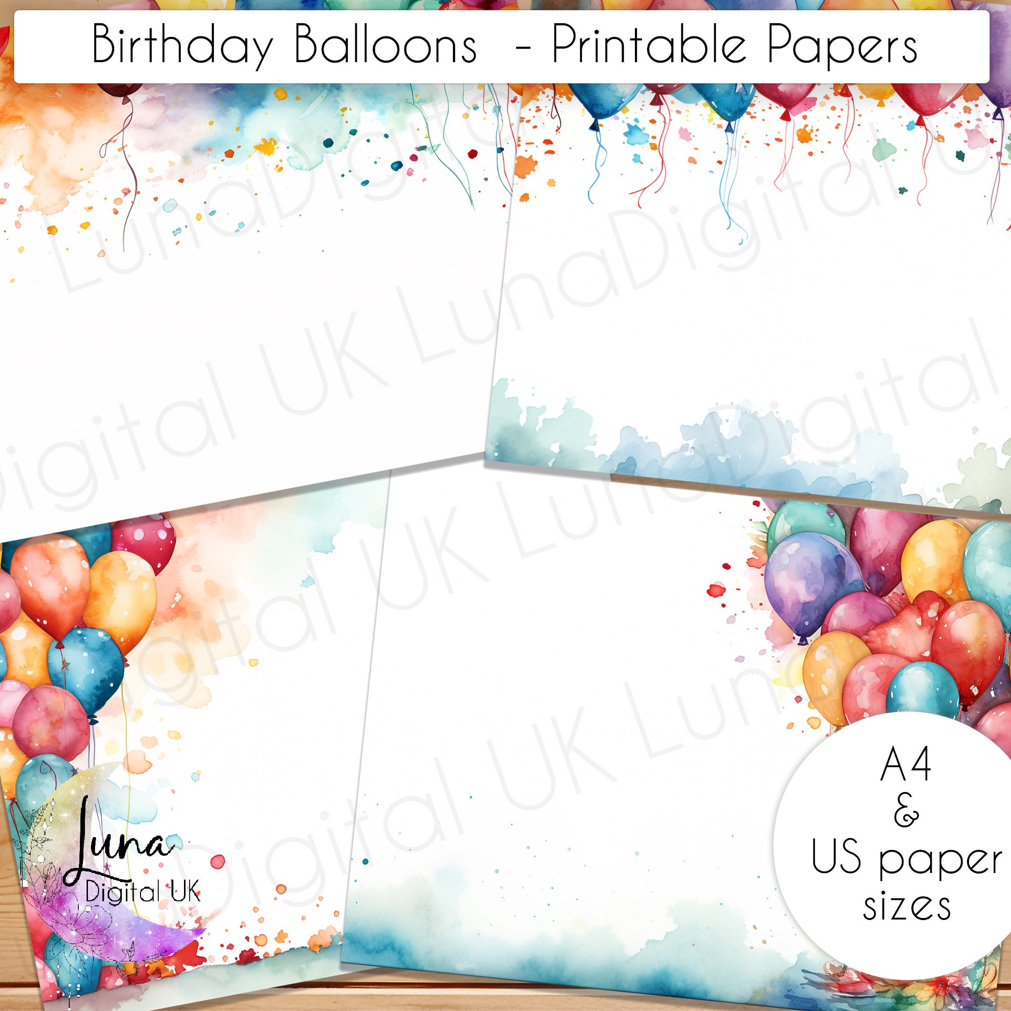 Birthday Balloons Printable Papers, Junk Journal Background Inky ...