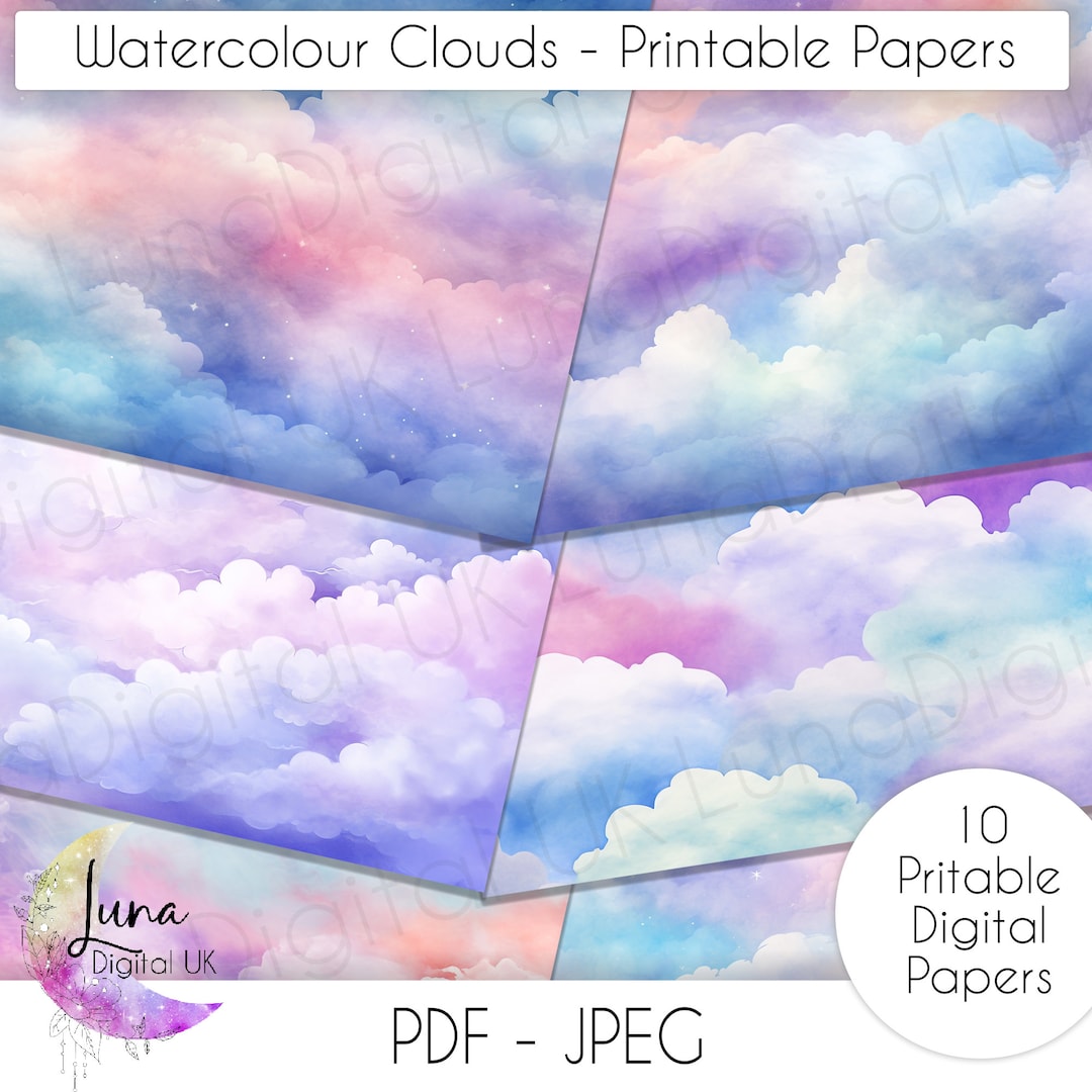 Watercolour Clouds Printable Papers, Junk Journal Background Printable ...