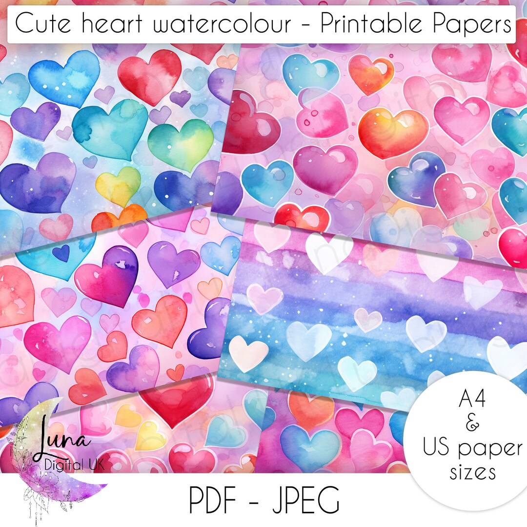 Cute Watercolour Heart Printable Papers, Junk Journal Background ...
