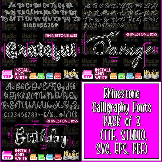 Pack of 3 Rhinestone Calligraphy Fonts Rhinestone Template - Etsy