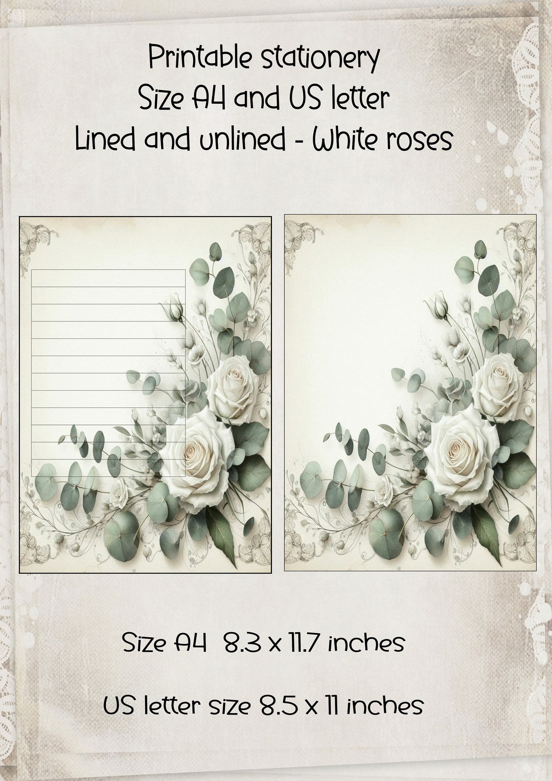 White Roses, Printable Stationery, A4 and US Letter Size 8.5 X 11 In ...
