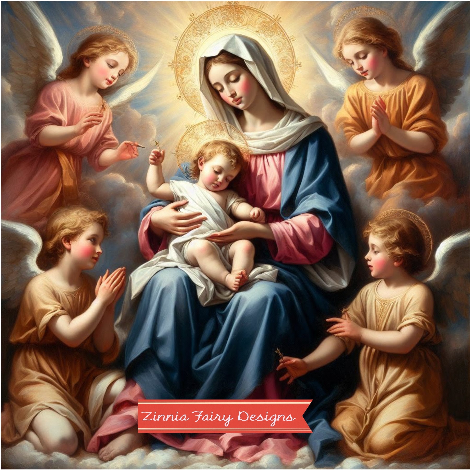 Blessed Mother Mary Cradling the Infant Jesus, Surrounded by Angels. 4 ...