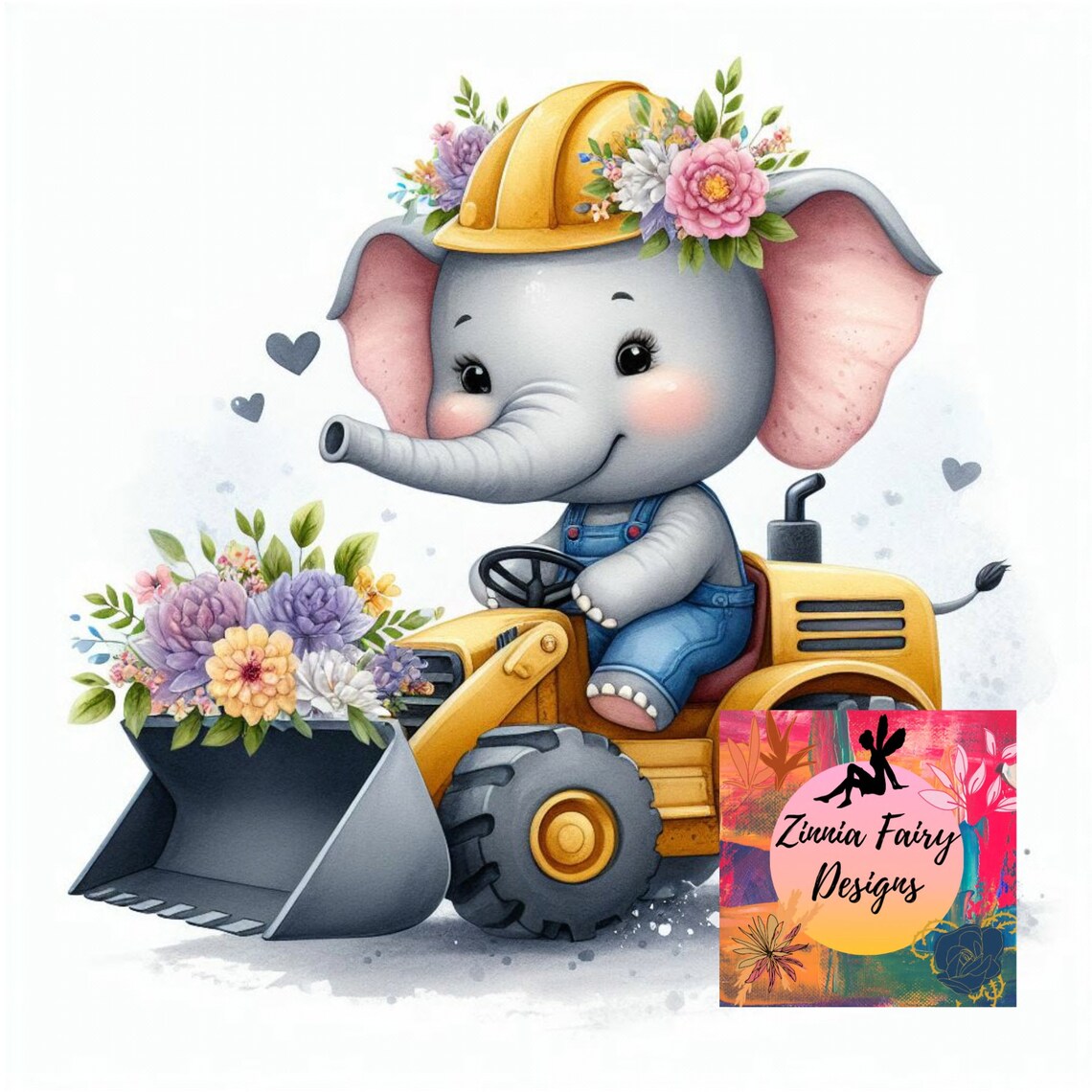 Cute Cartoon Elephant on a Bulldozer With Flowers and Friends, 8 High ...