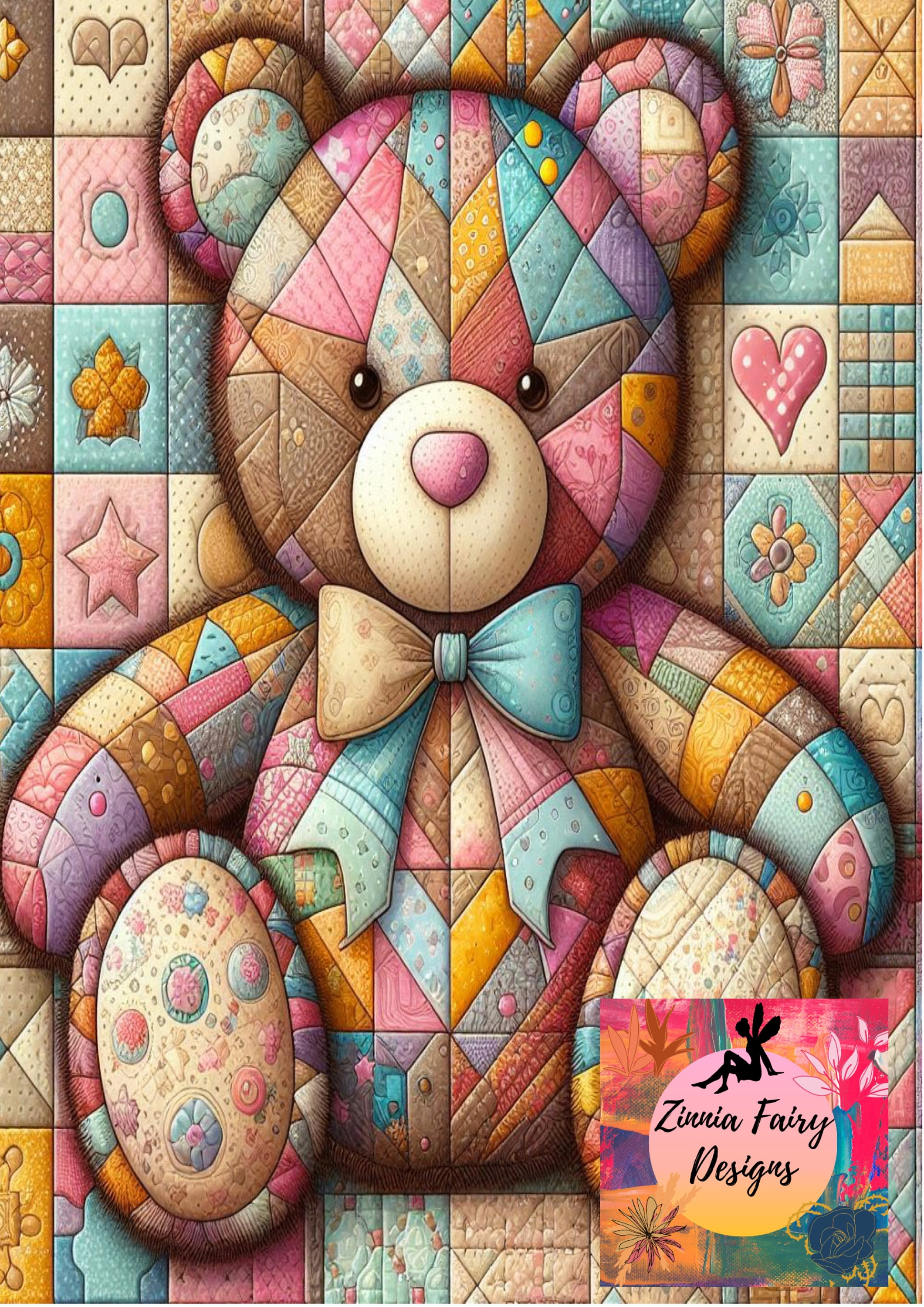 Patchwork Teddy Bear, in 4 Variations, and Size A4, A5 and 6x6 ...