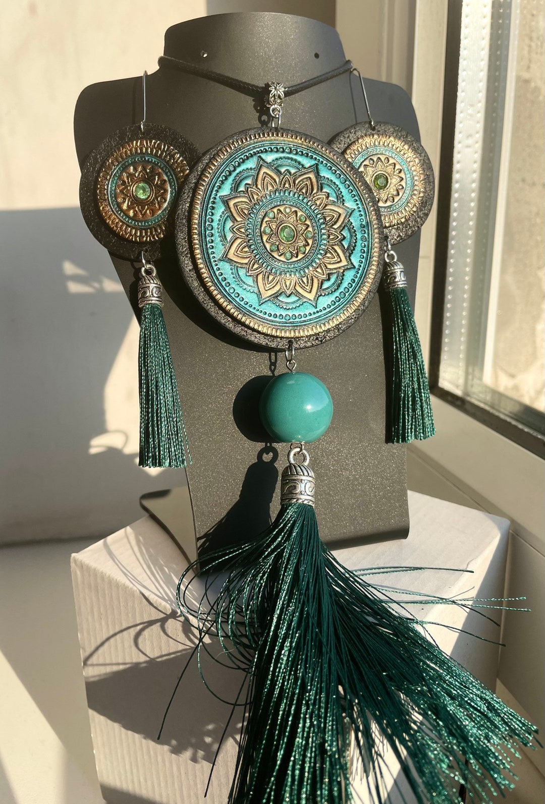 Polymer Clay Mandala Pendant and Earrings With Tassels - Etsy