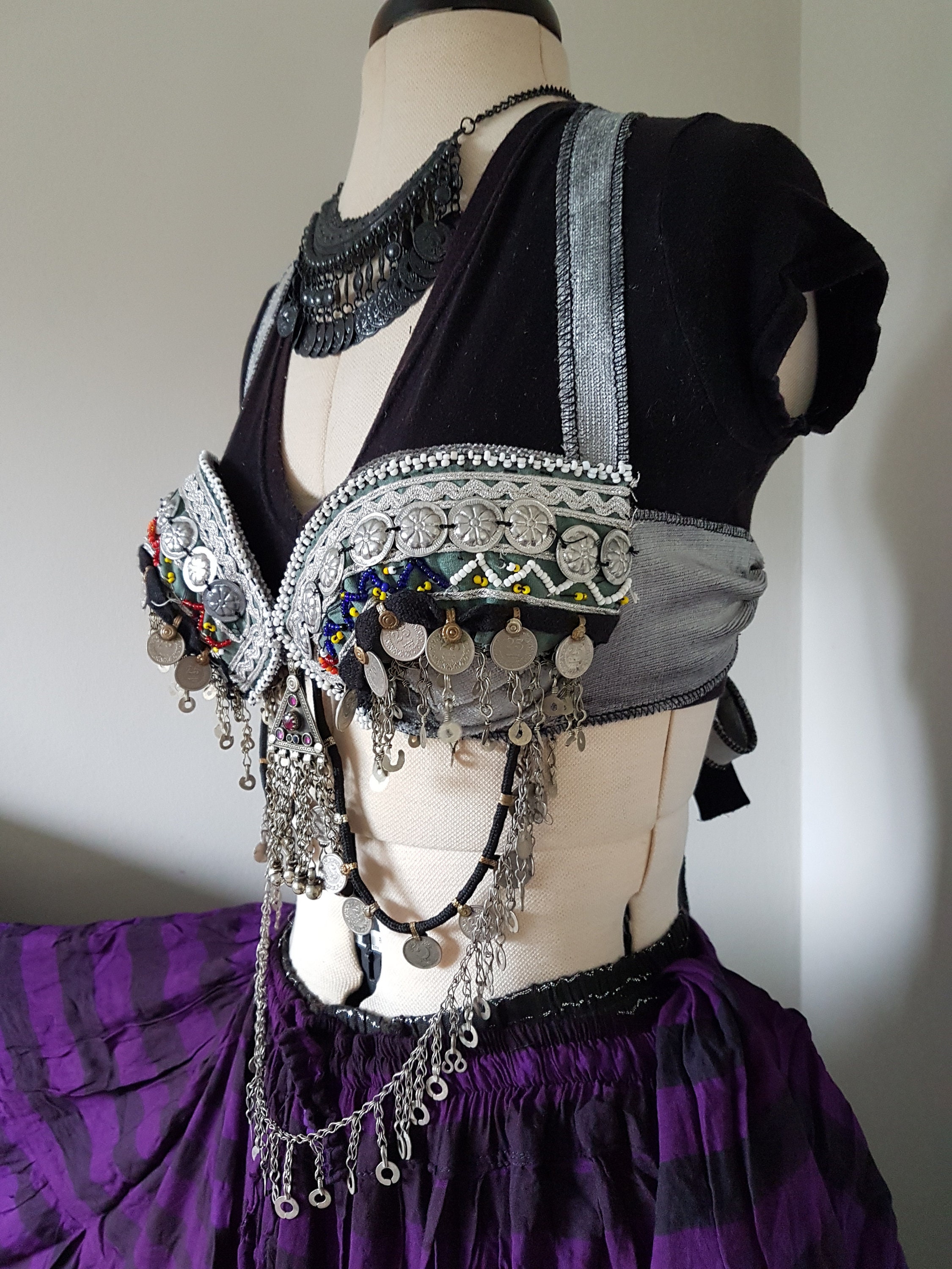 Tribal Kuchi Coins Bra Top Silver Velvet Fusion ATS Gypsy Belly Dance ...