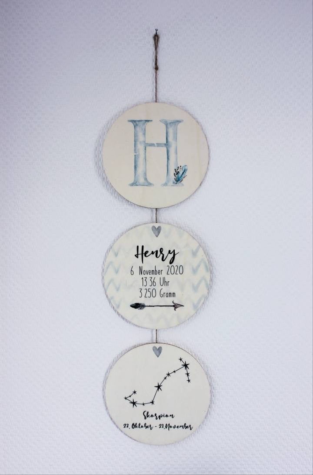 Set of 3 Wooden Disc Mobiles With Dates of Birth and Zodiac Signs for ...