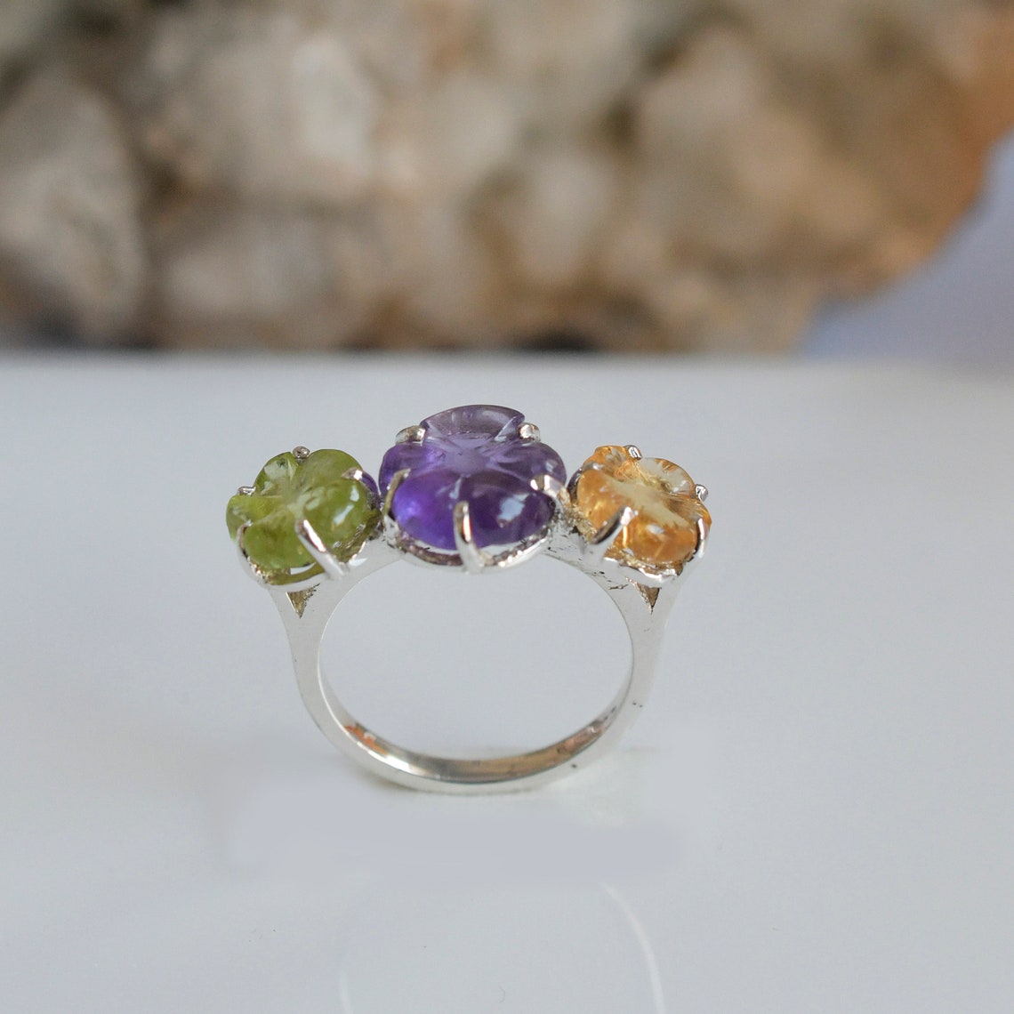 Amethyst Citrine Peridot rings Amethyst flower Citrine | Etsy