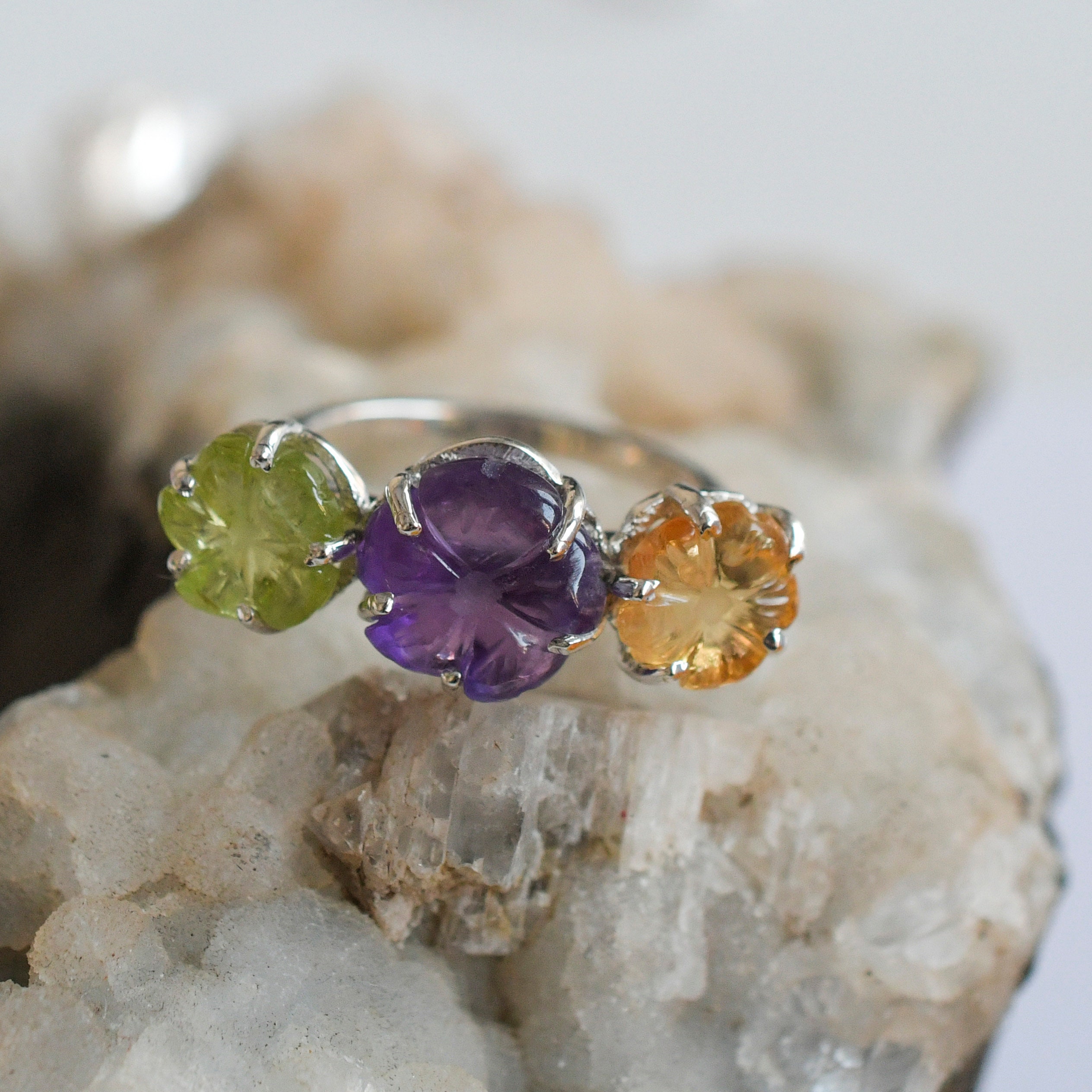 Amethyst Citrine Peridot rings Amethyst flower Citrine | Etsy