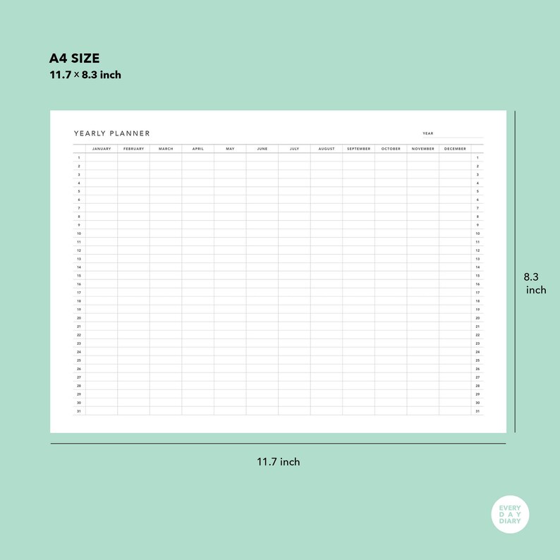 Yearly Planner A4 Size Printable Yearly Planner Yearly | Etsy