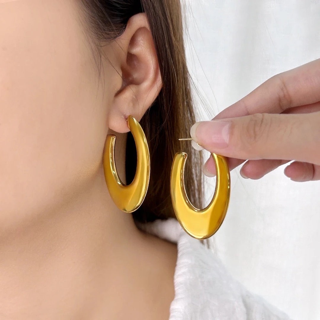 Gold Chunky Hoop Earrings, Thick Gold Hoops, Large Dome Earrings, Big Gold Earrings, Chunky Gold ...