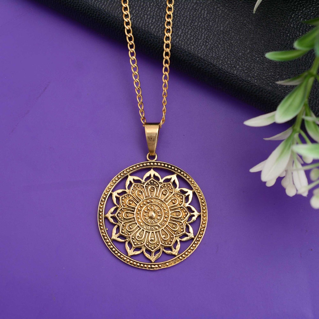 Mandala Charm Necklace, Mandala Flower Necklace, Lotus Flower Pendant, Mandala Pendant, Mandala ...