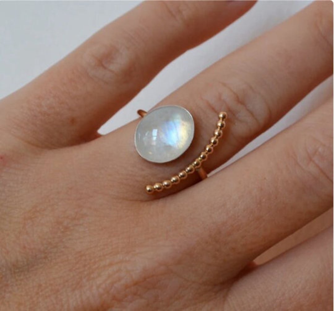 Moonstone Half Moon Ring, 14K Gold Filled Ring, Rainbow Moonstone Ring, Open Stone Ring, Gold ...