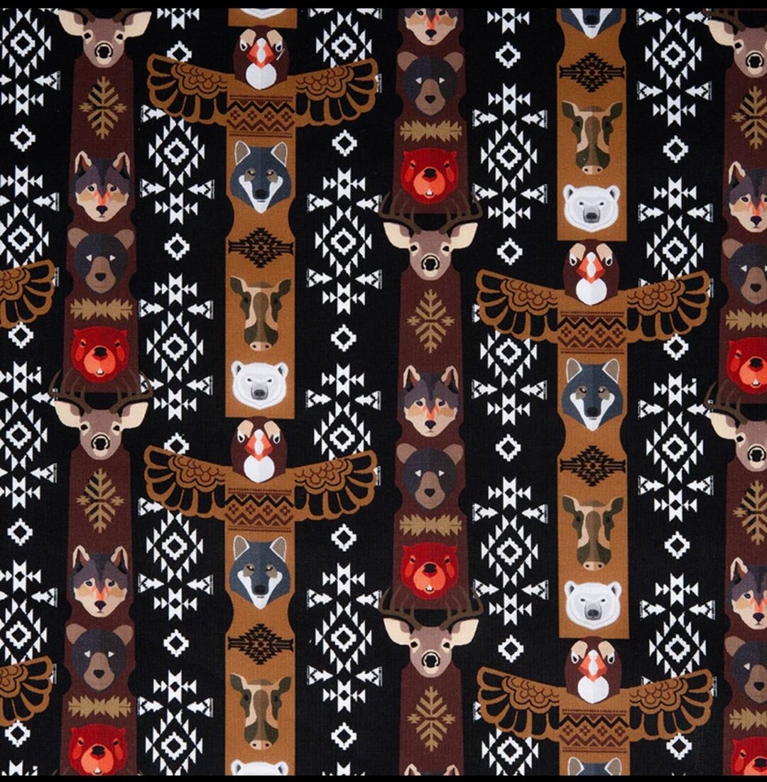Totem Pole Fabric, Totem Poles, Indigenous Style Native Fabric Canada ...