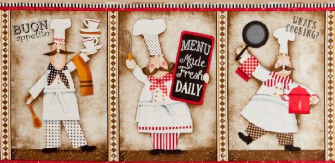 Burn Appetito Chef Fabric Cooking Fabric Panel Whimsical Chefs Cooking ...