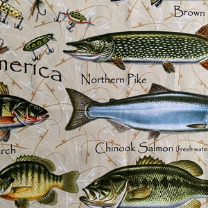 Fishing Fish Fabric Panel Freshwater Fish North America Fabric Blank ...