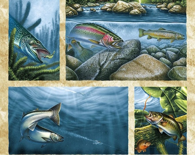 Keeping It Reel Fishing Fish Fabric Panel North America Fabric Blank ...
