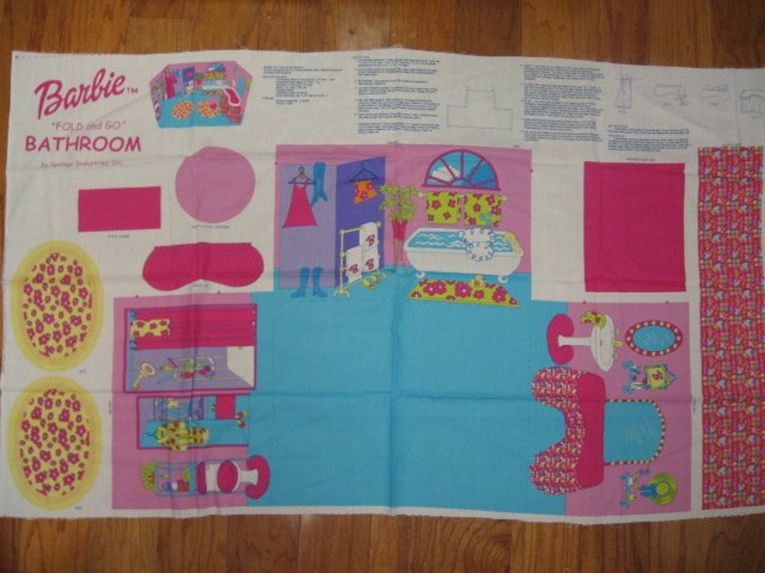 Barbie Fabric, Fold and Go Barbie Bathroom Fabric Panel to Sew Barbie ...