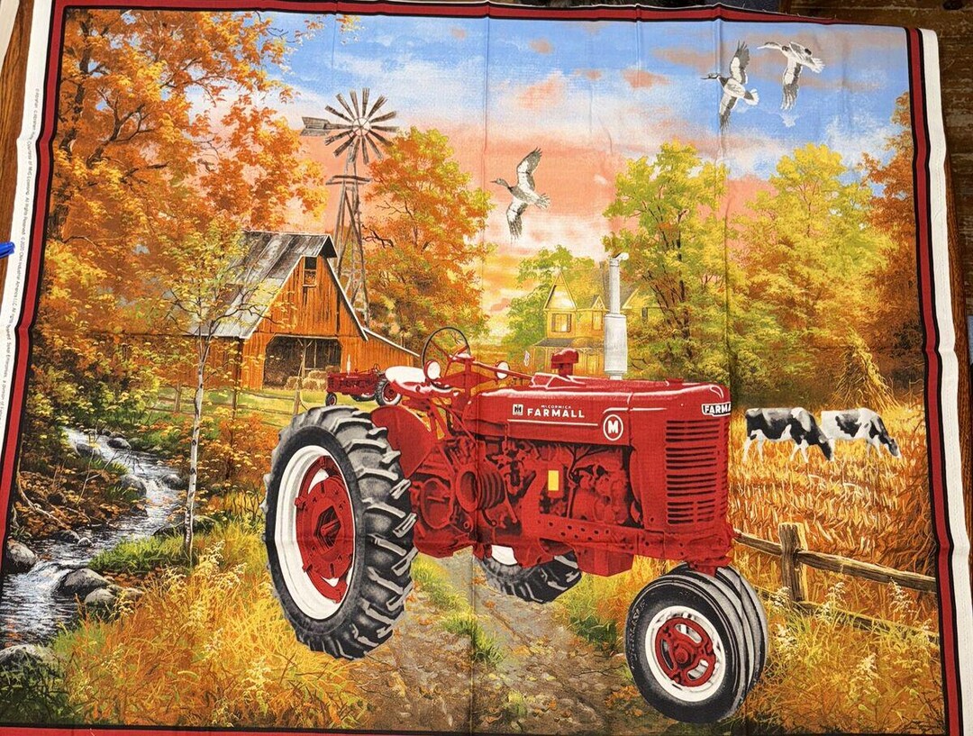 Farmall Tractor Panel, Red Tractor Farm Scene Farmall Tractor Fabric ...