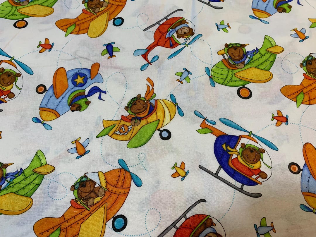 Teddy Bear Fabric, Airplanes Helicopters Baby Zoom Flying High ...