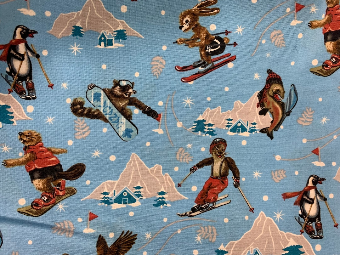 Skiing Fabric Snowboarding Quilt Cotton Fabric Animals Skiing Downhill ...