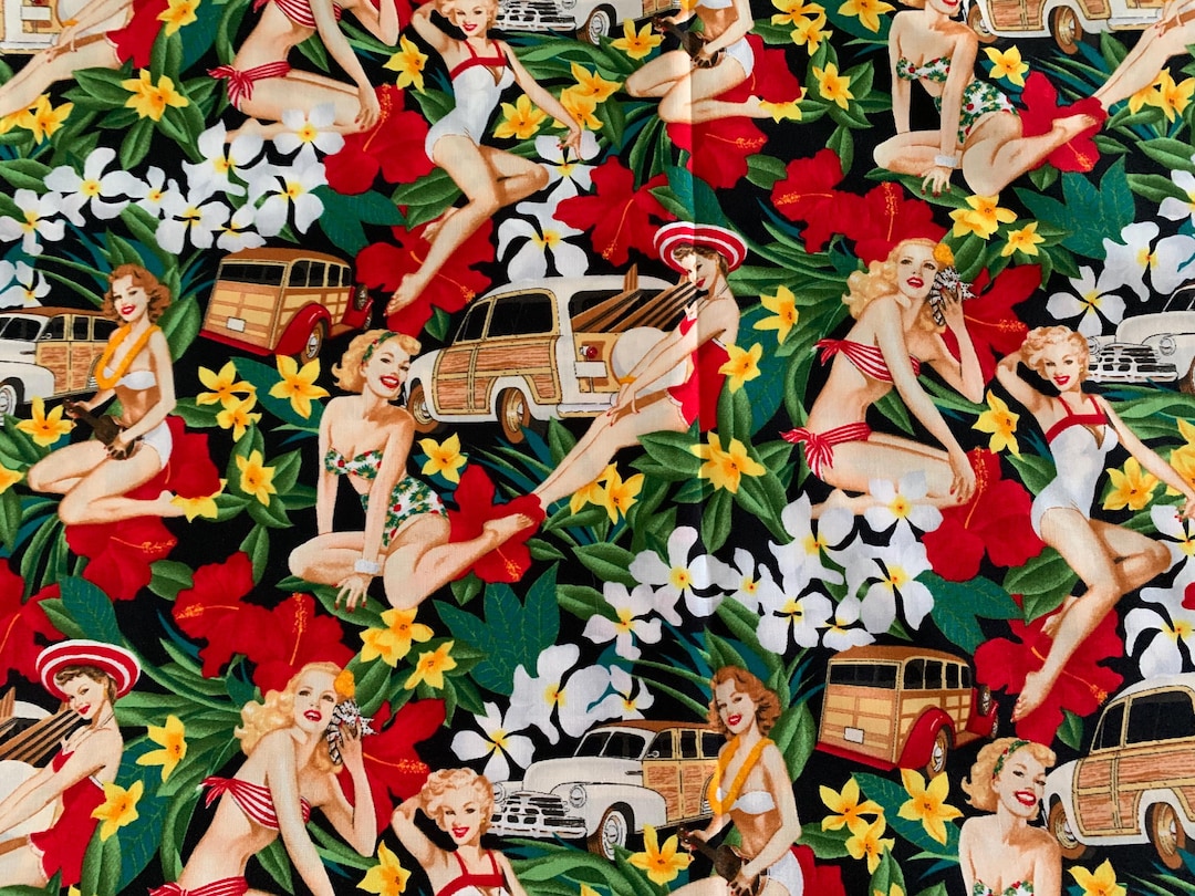 Burlesque Sexy Pin up Girls Retro Mahalo Hawaii Flowers Alexander Henry ...