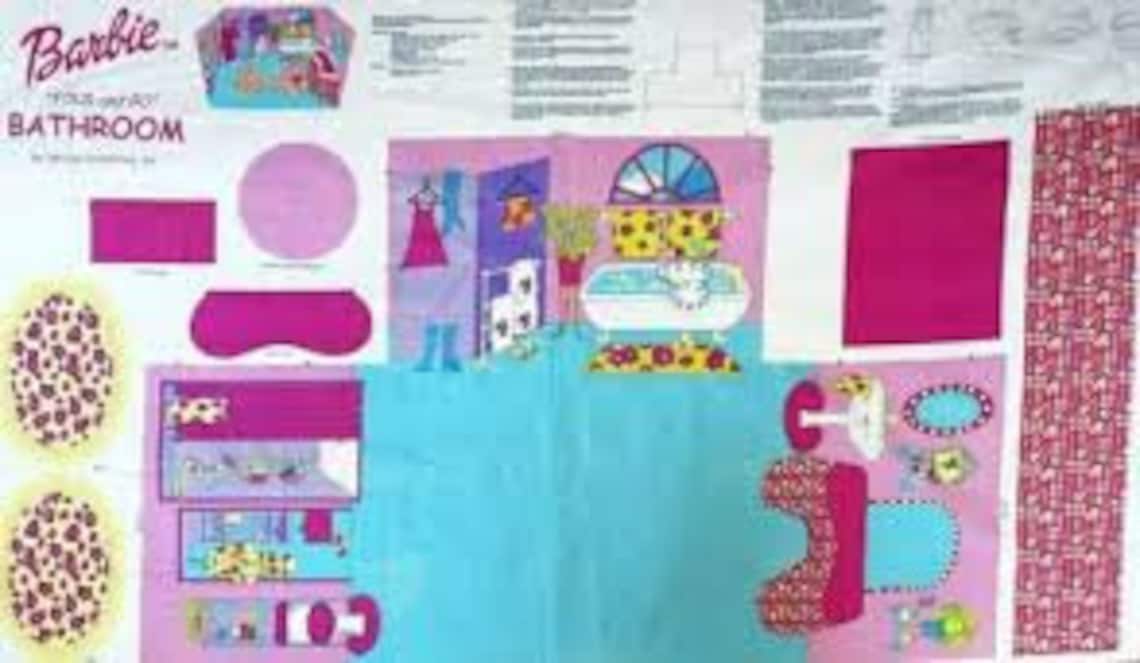 Barbie Fabric, Fold and Go Barbie Bathroom Fabric Panel to Sew Barbie ...