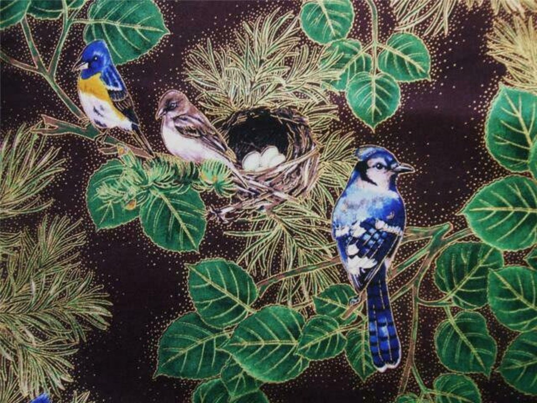 Bird Fabric, Blue Jay Nest Hoffman Aspen Creek Pine Metallic Fabric by ...