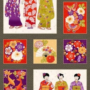 Kimono Japanese Geisha Fans Cranes Koi Flowers Cotton Quilting Panel ...