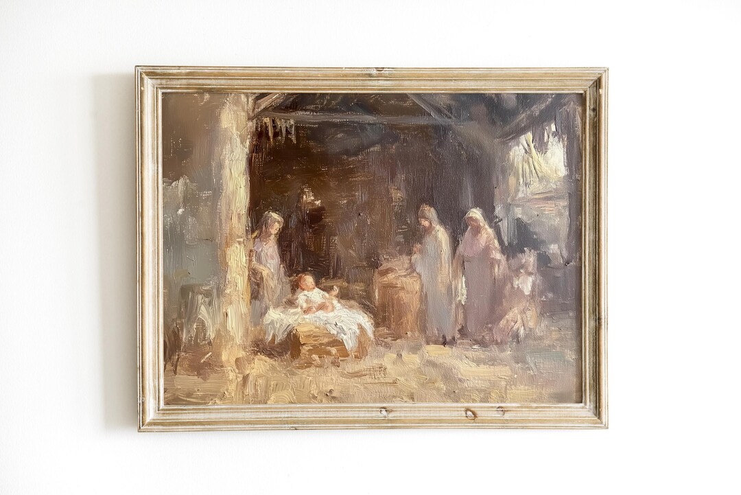 Nativity Scene Christmas Wall Art, Festive Winter Oil Painting, Holiday ...