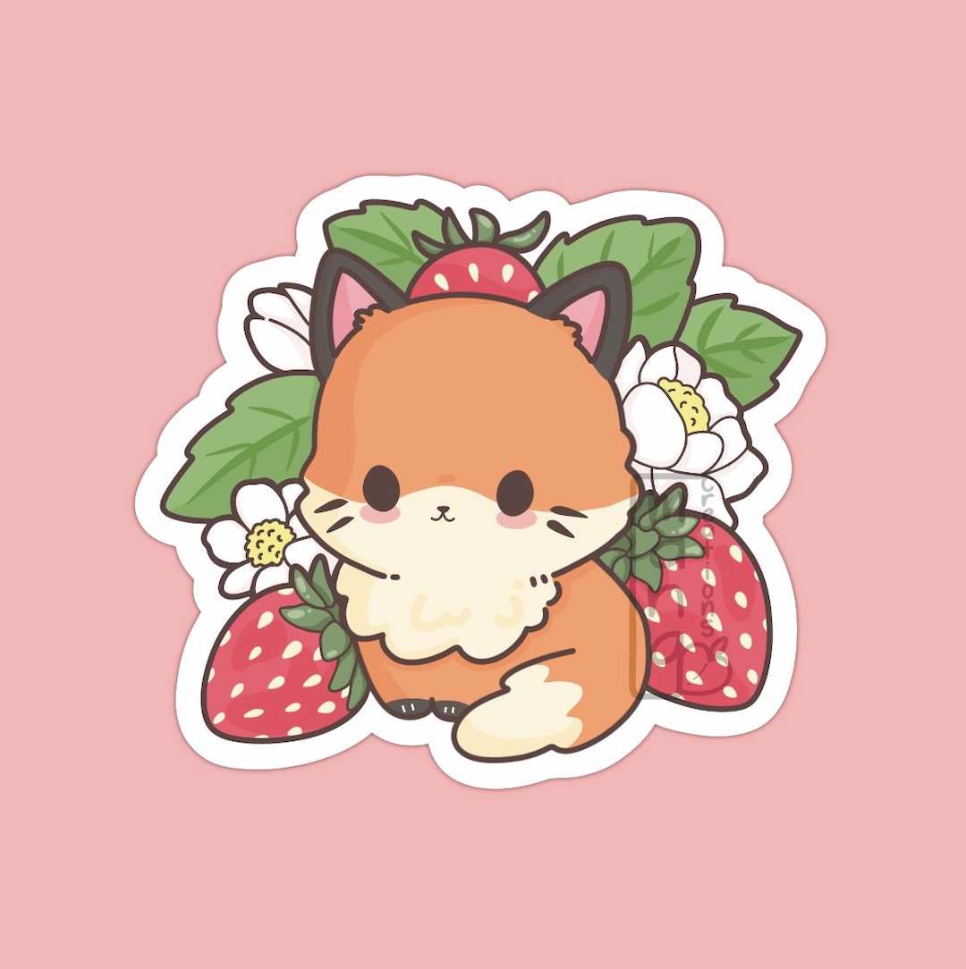 Strawberry Fox Vinyl Sticker - Etsy
