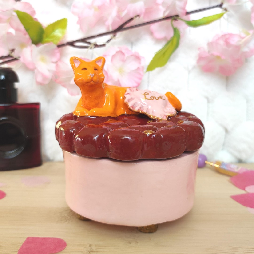 Cat Jewelry Box and Pillow Valentine's Day Empty Pocket Clay Cat ...