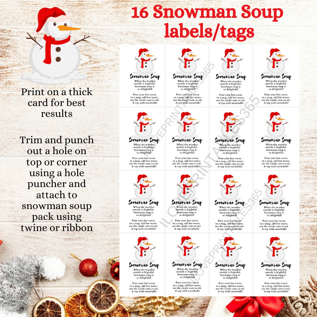 Snowman Soup Labels/tags, 16 Labels, Snowman, Printable Snowman Soup ...