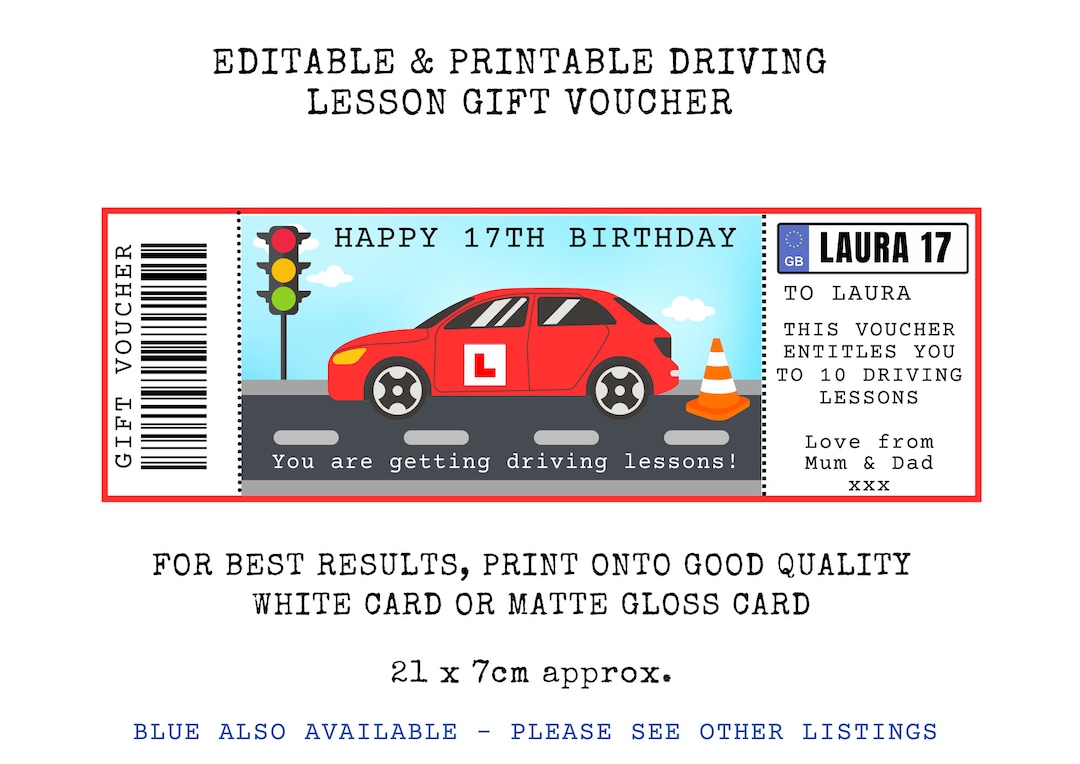 Editable & Printable RED Driving Lesson Gift Voucher, Pretend Driving ...
