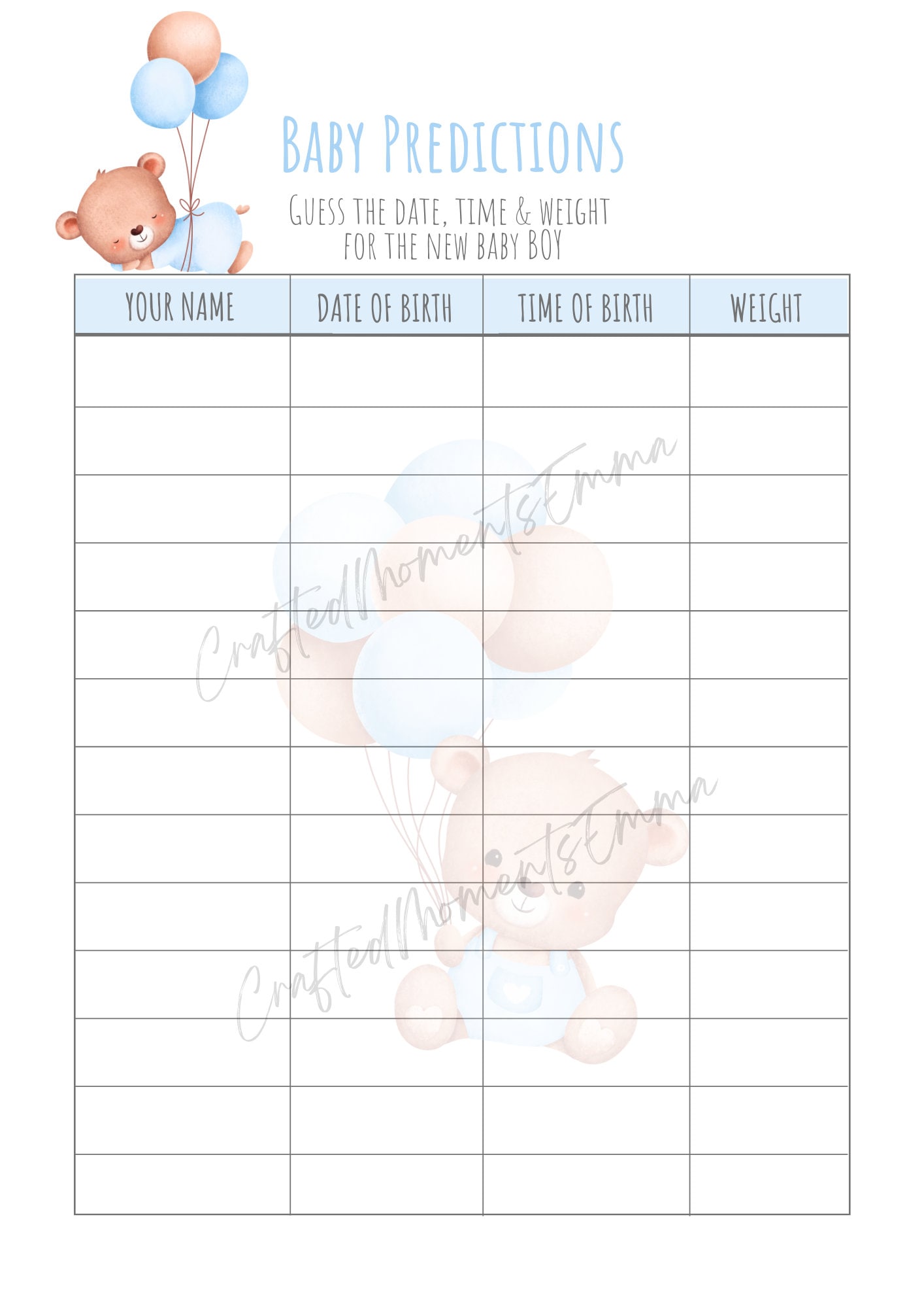 Baby Boy Predictions Chart Guess Baby Weight, Date of Birth, Time of ...
