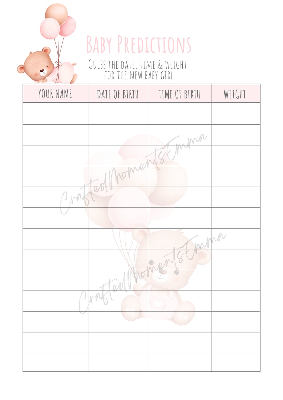 Baby Girl Predictions Chart | Guess Baby Weight, Date of Birth, Time of ...