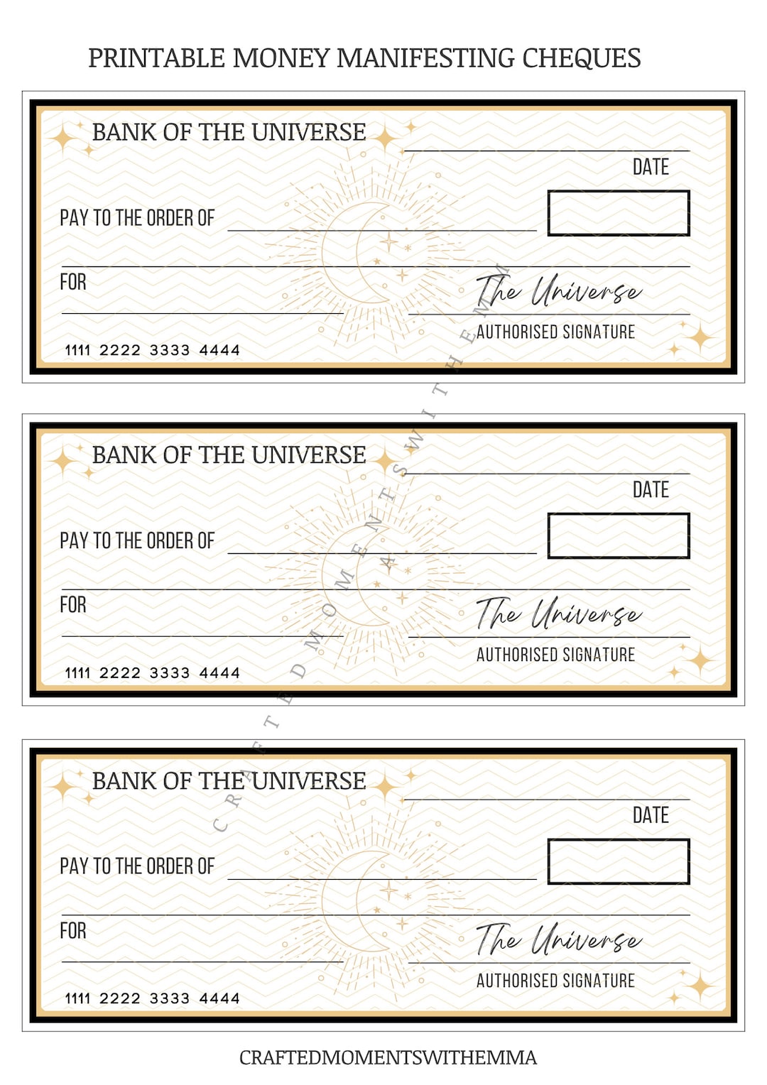Printable Money Manifesting Blank Cheques, 3 Cheques, Law of Attraction ...